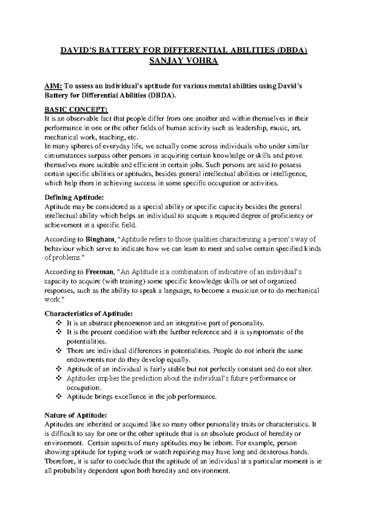 DBDA Report: Assessment of Individual Aptitudes and Abilities - Studocu