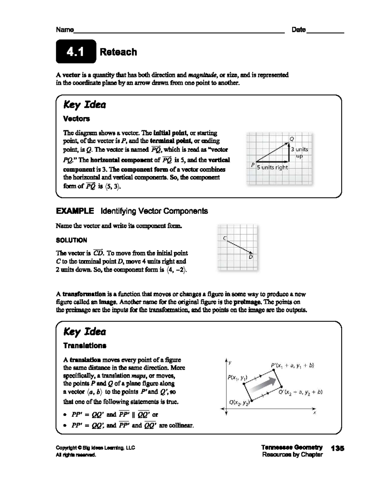 Tennessee Geometry 4.1 Reteach: Understanding Vectors and Translations ...