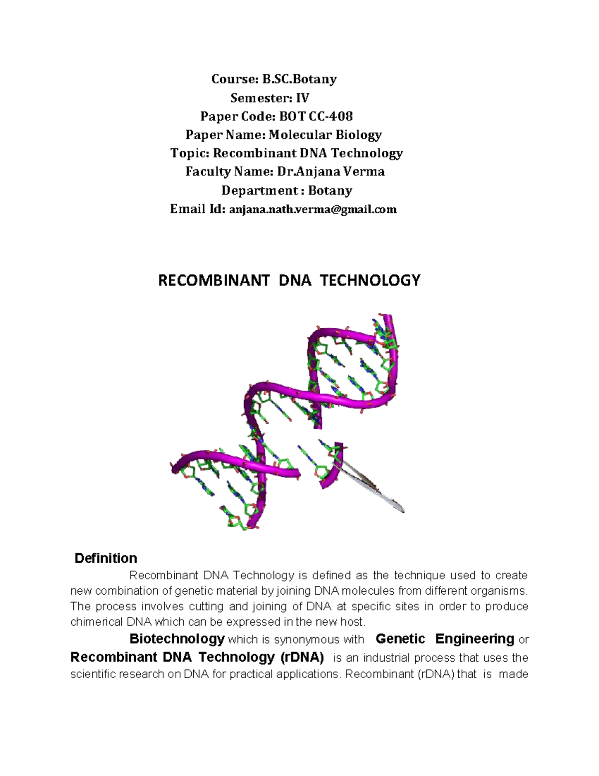 B.SC. Botany IV: Molecular Biology - Recombinant DNA Technology ...