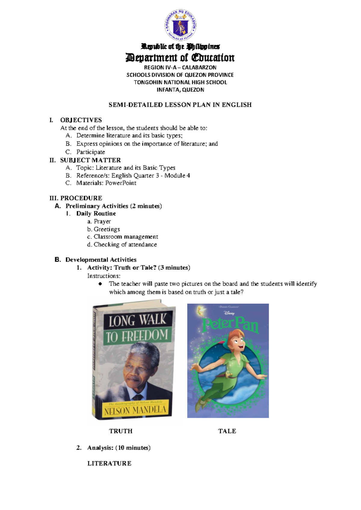 LP-about-Literature - lesson plan about literature - Republic of the ...