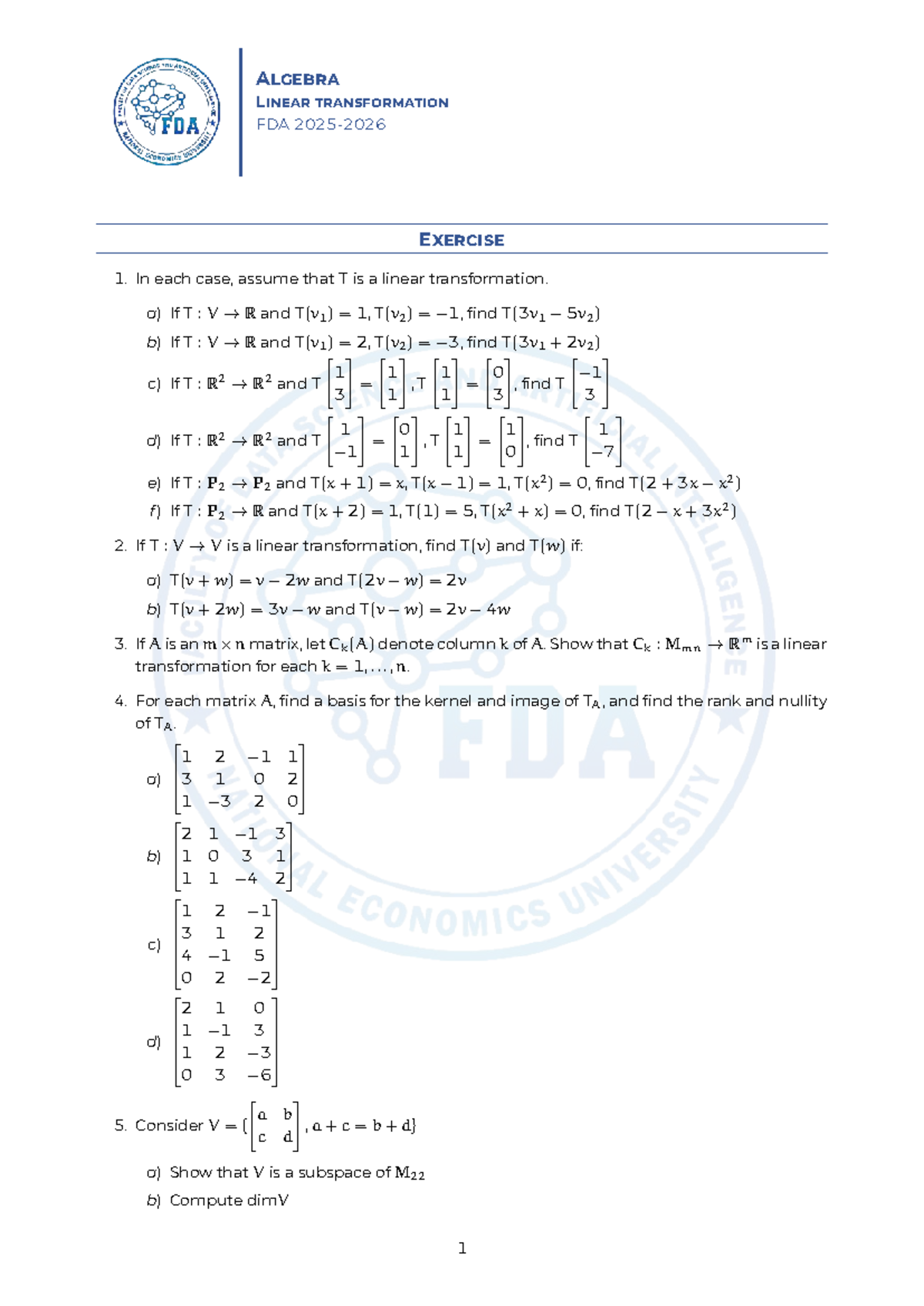 Algebra Linear Transformation Exercises - FDA Exercise 1 - Studocu