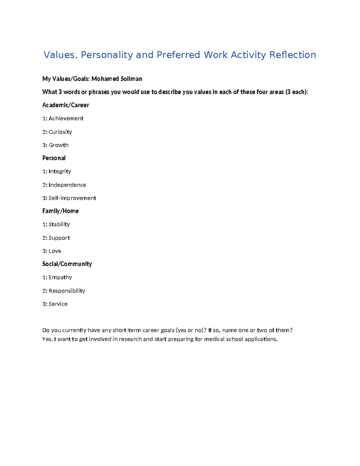 Completed Values & Personality Reflection for Career Goals - Studocu