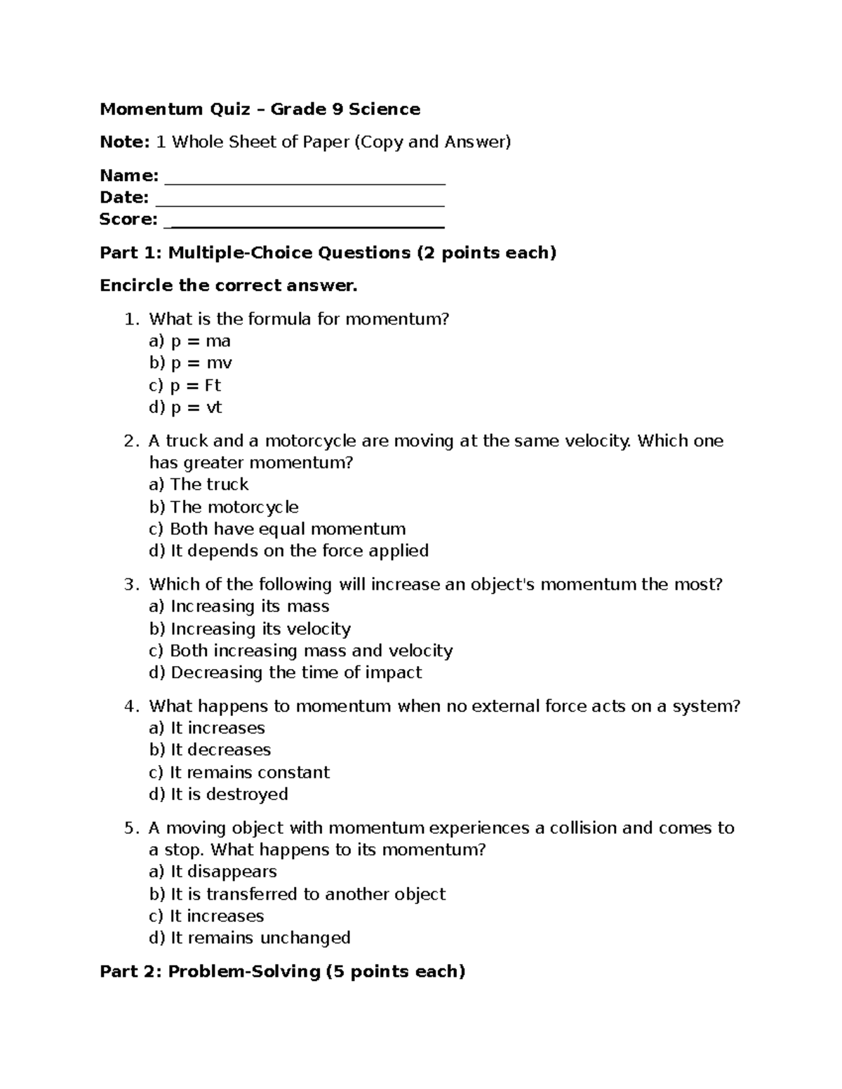 Grade 9 Science Momentum Quiz - Questions & Answers - Studocu
