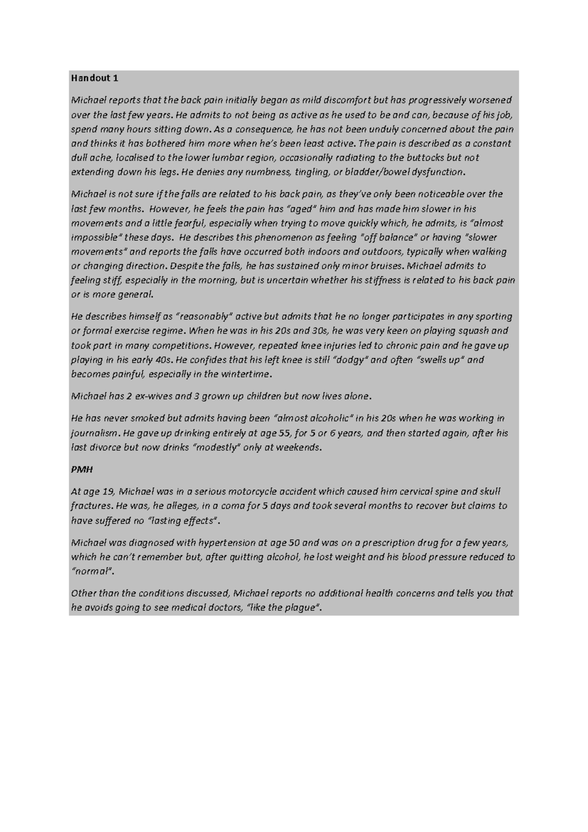 Case Study - Handout 1: Michael's Back Pain and Health History Analysis ...