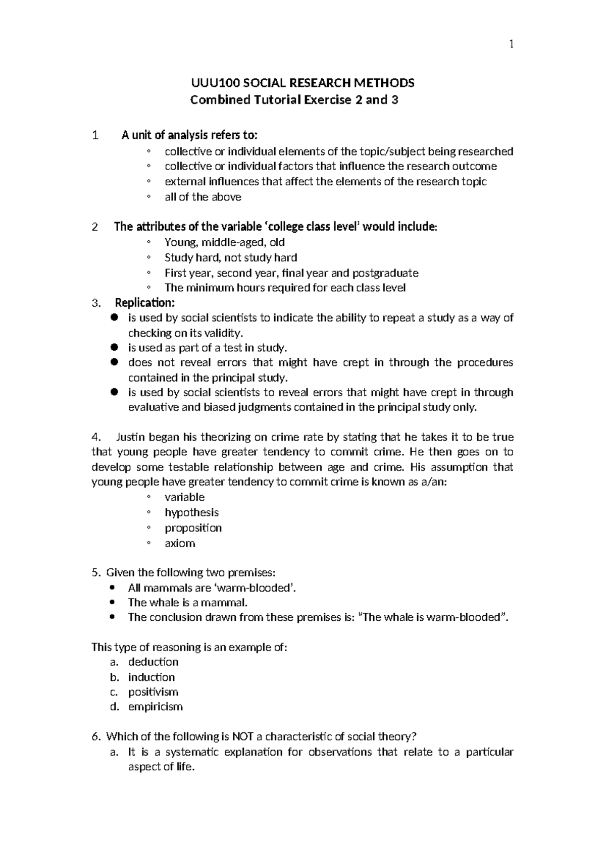 Combined UUU 100 Tutorial 2 and 3 - UUU100 SOCIAL RESEARCH METHODS ...