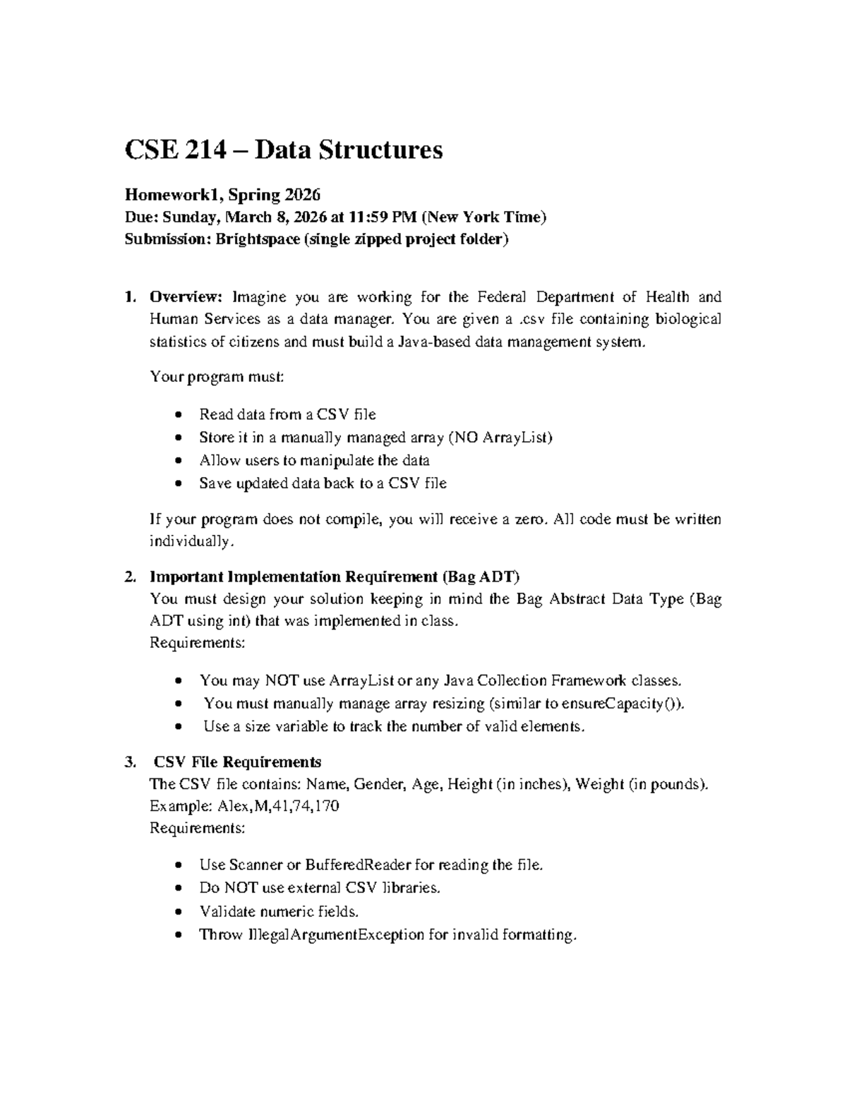 CSE 214 Data Structures Homework 1: CSV Data Management System - Studocu