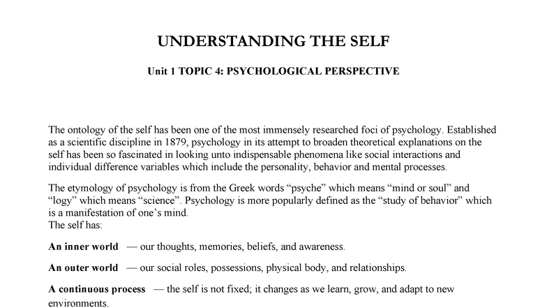 UNDERSTANDING THE SELF Unit 1 & 2: Psychological and Physical ...