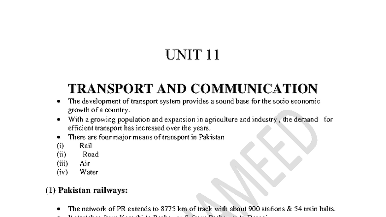 UNIT 11: TRANSPORT AND COMMUNICATION IN PAKISTAN - Studocu