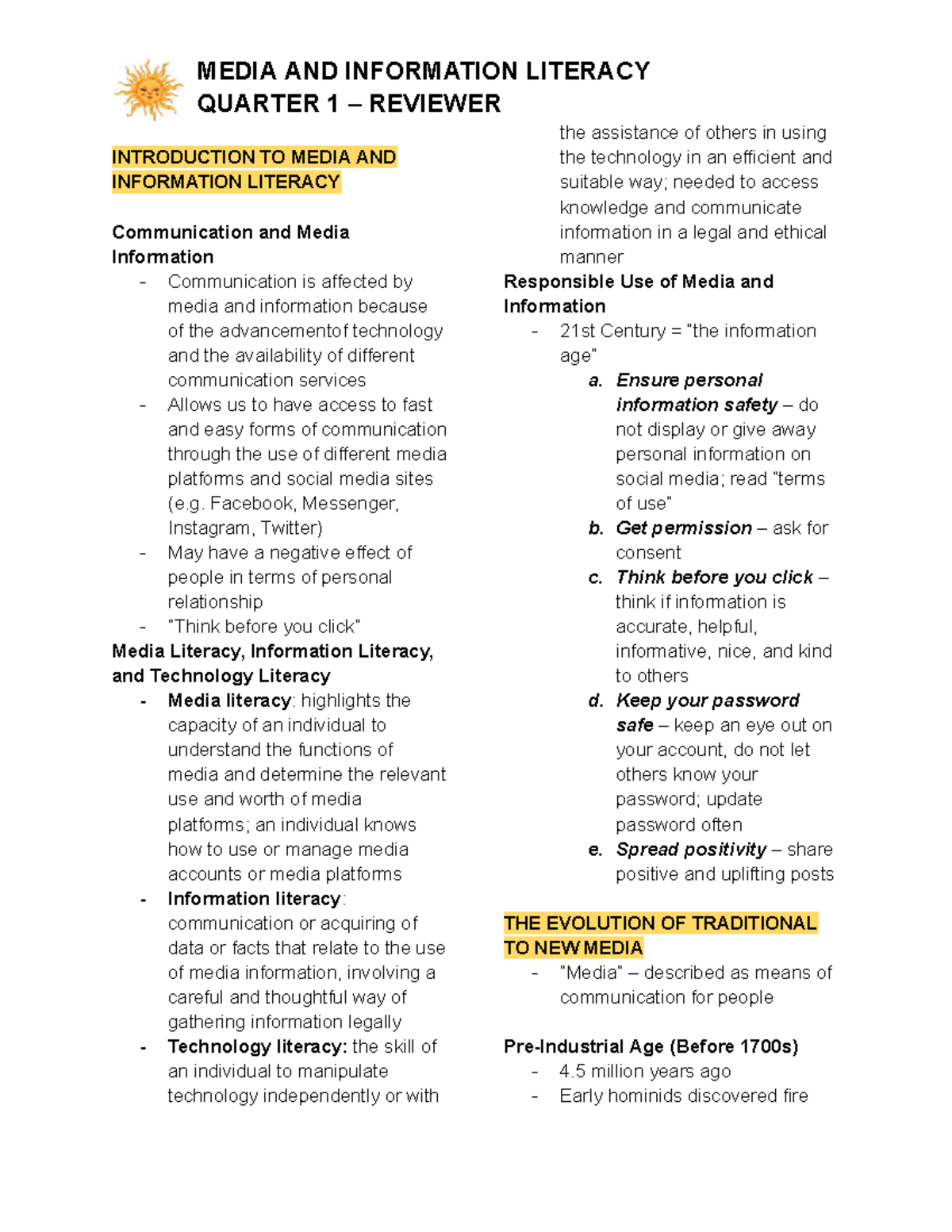 MIL 20 Quarter 1 Reviewer: Introduction to Media & Information Literacy ...