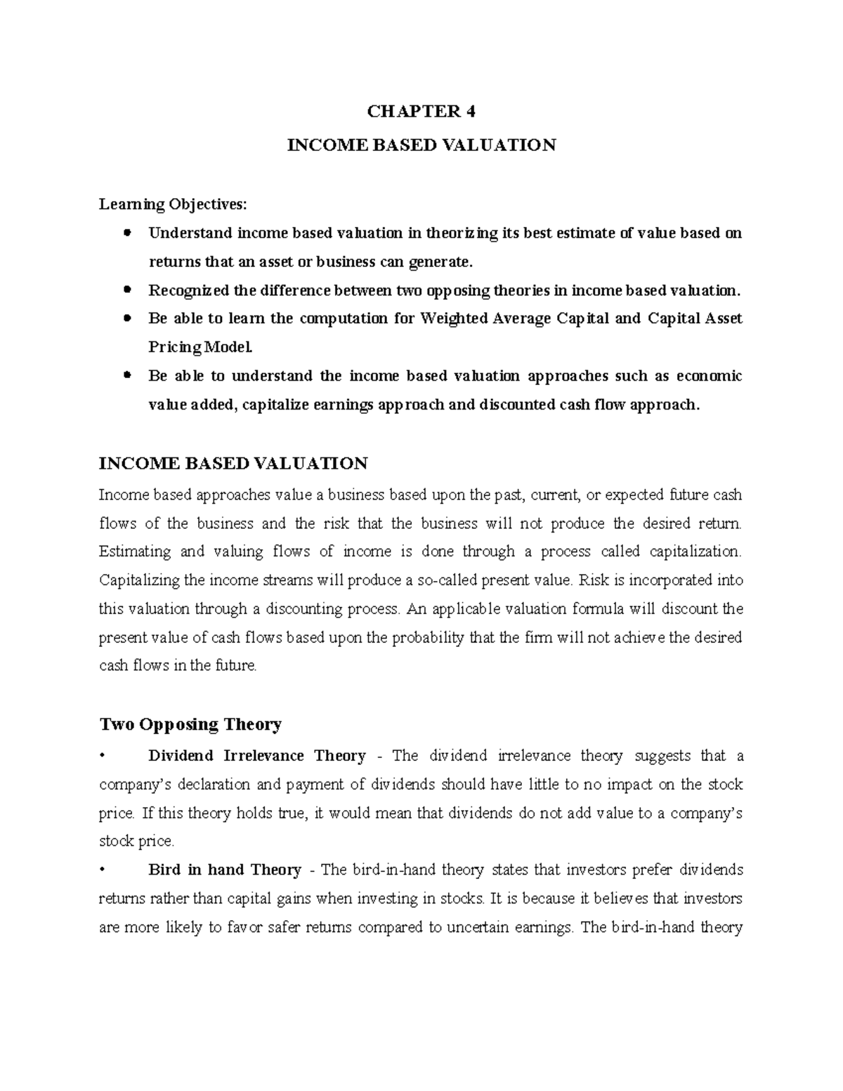 Income Based Valuation Concepts - Group 4 Study Notes - Studocu