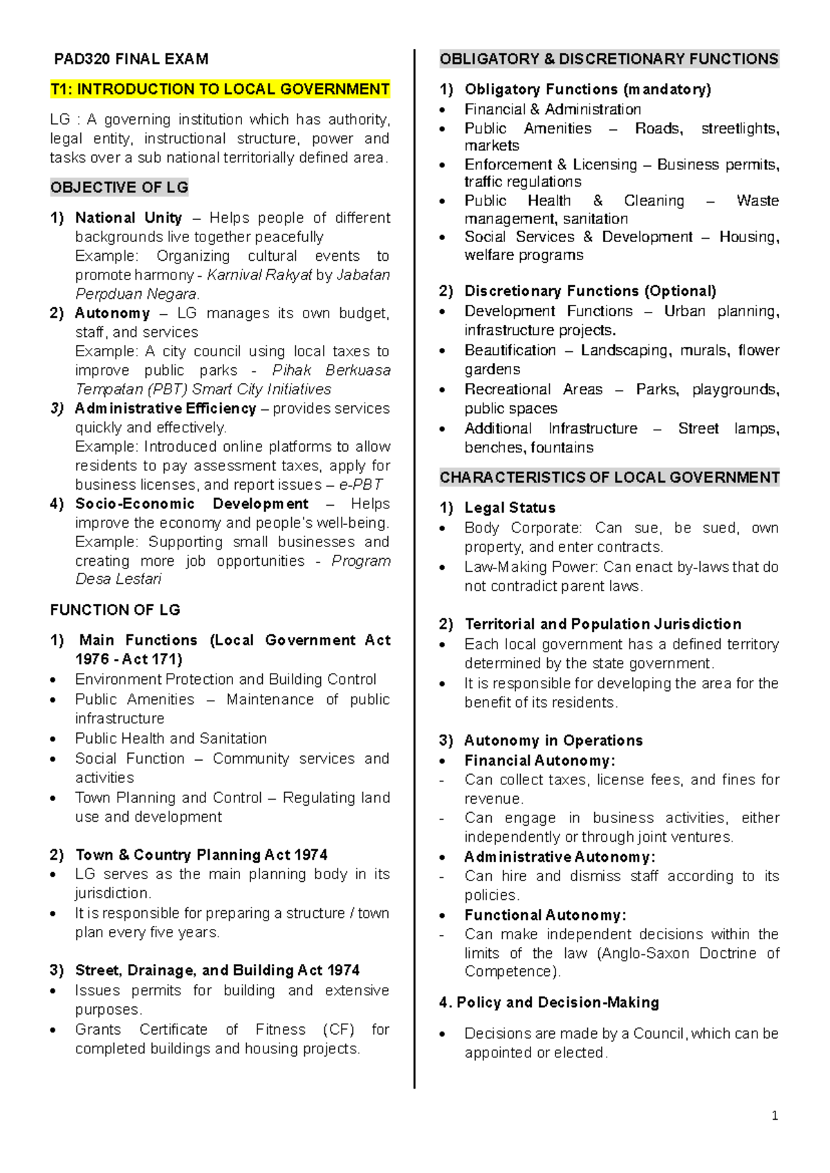 PAD320 FINAL EXAM - OBLIGATORY & DISCRETIONARY FUNCTIONS IN LOCAL GOVT ...