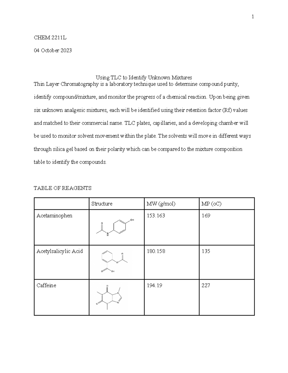 TLC Lab Report - Analyzing Unknown Mixtures by Thin Layer ...