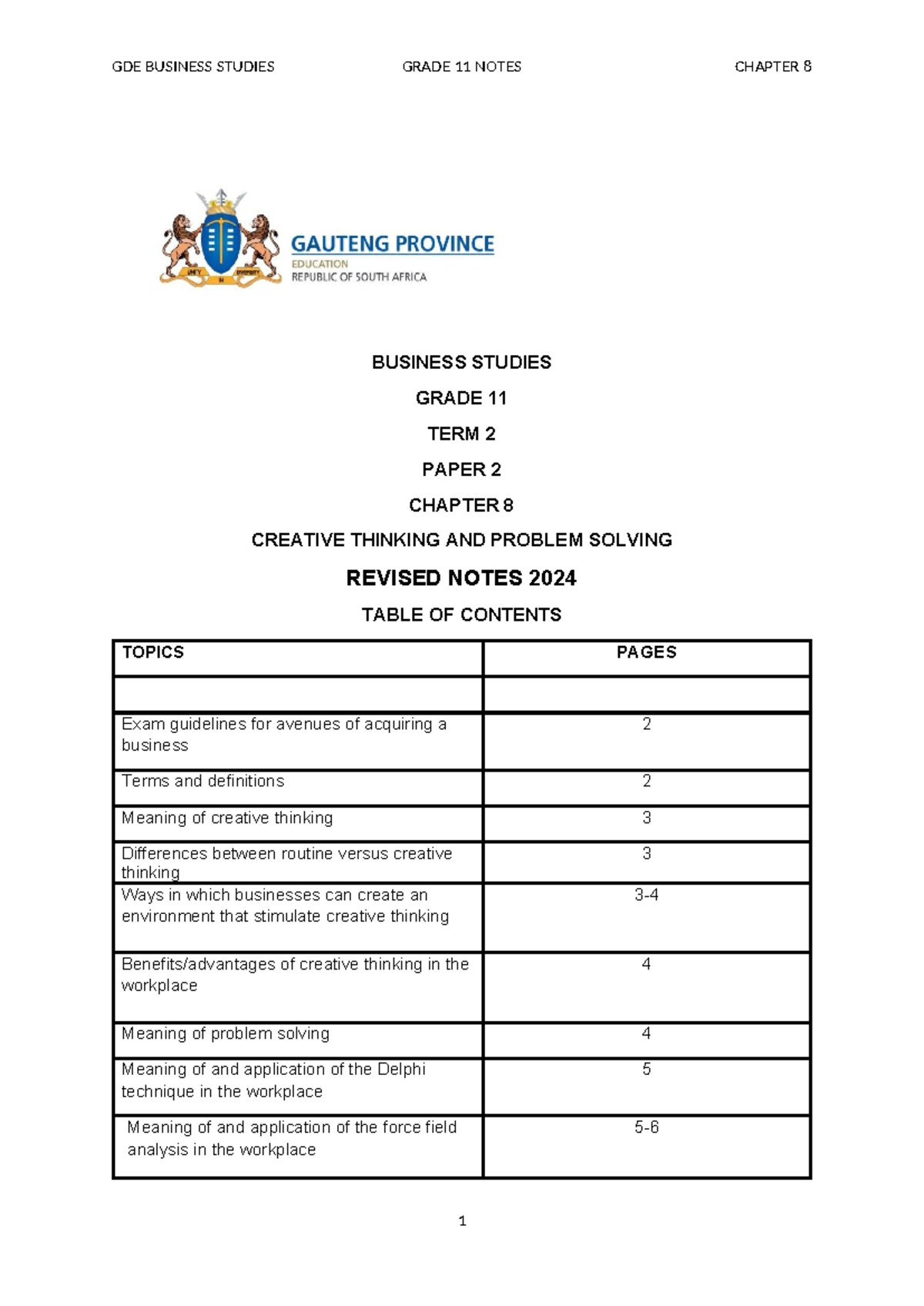 GDE BUSINESS STUDIES GRADE 11 CHAPTER 8 CREATIVE THINKING & PROBLEM ...