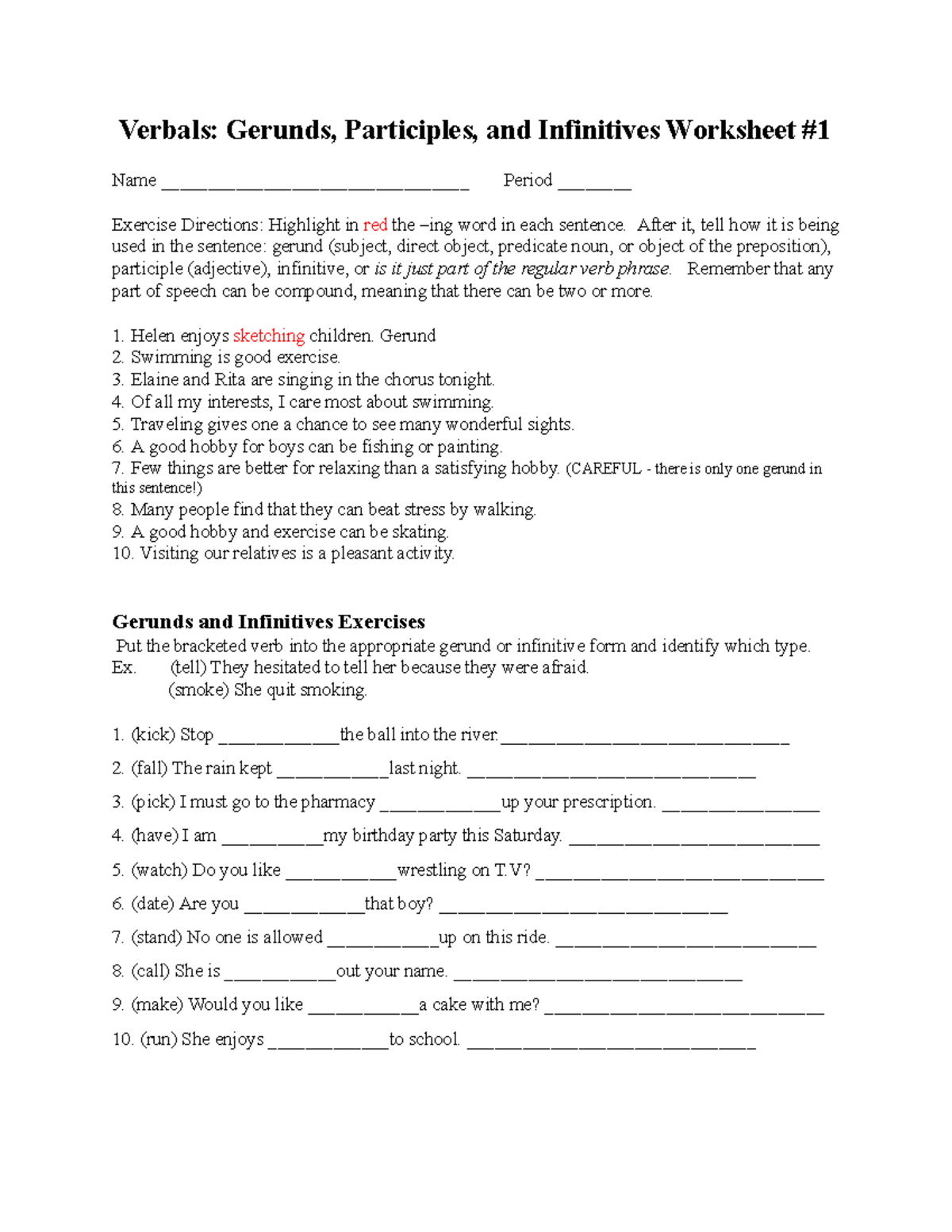 Verbals Worksheet #1: Gerunds, Participles, and Infinitives - Studocu