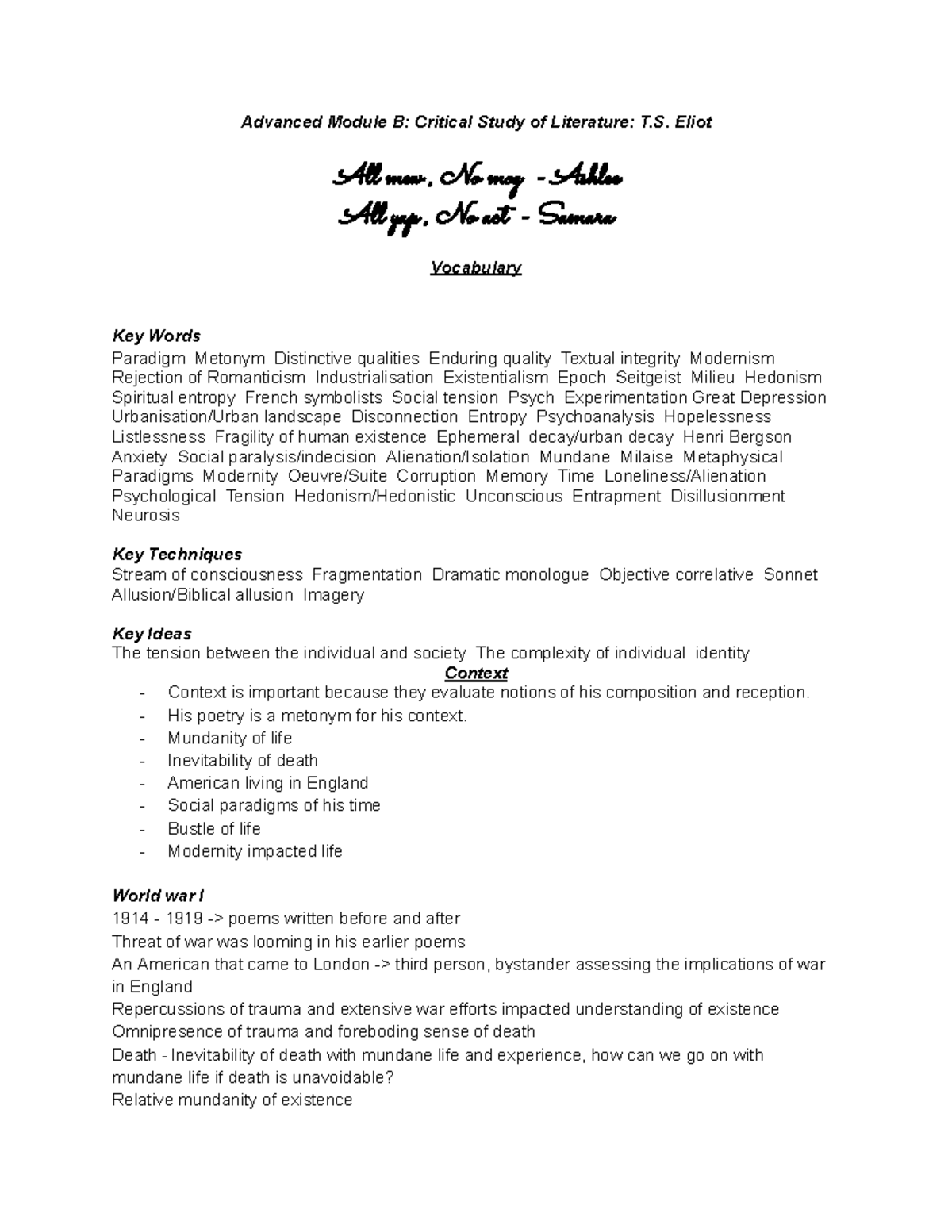 Advanced Module B: Critical Study of T.S. Eliot's Modernism - Studocu