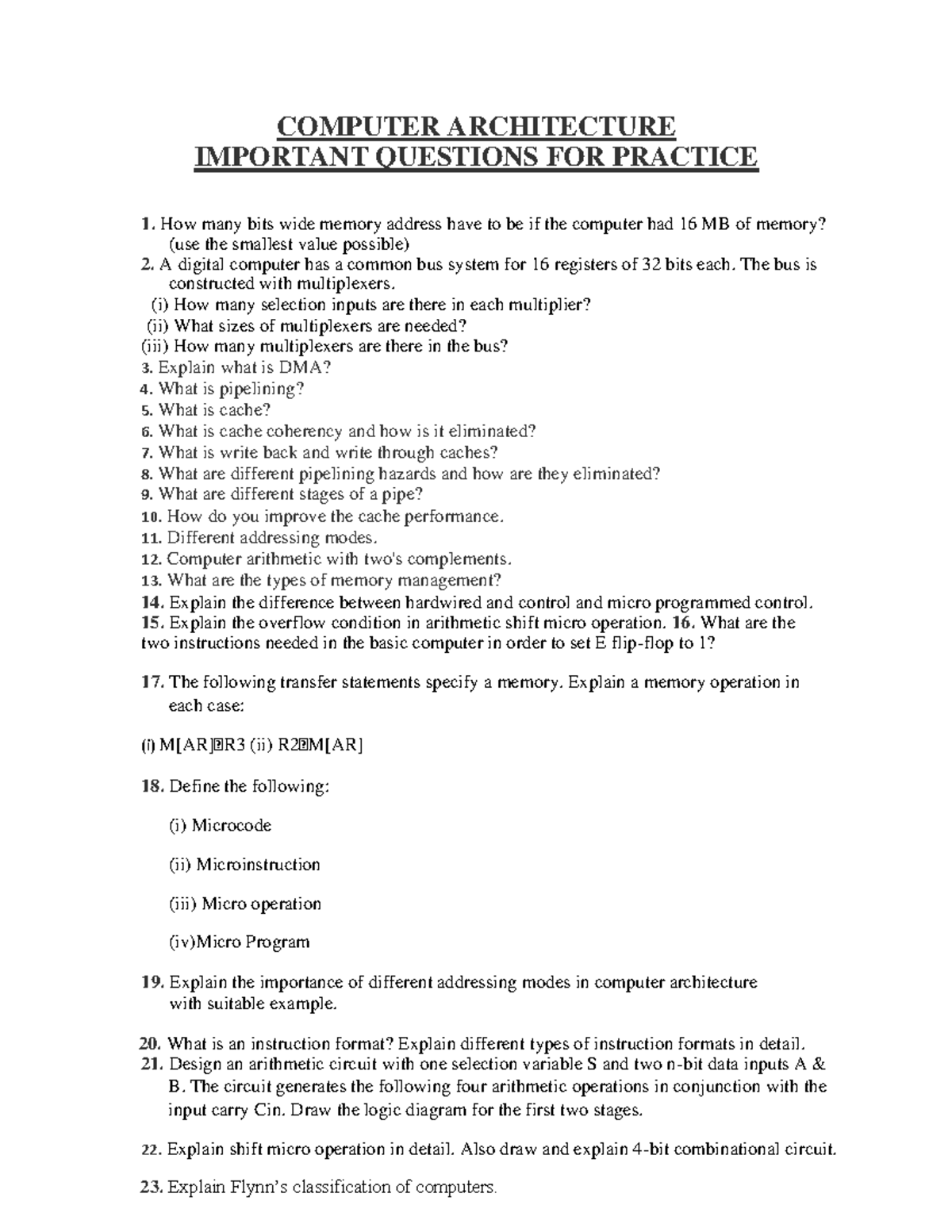 CAO Computer Architecture Important Questions for Practice - Set 1 ...