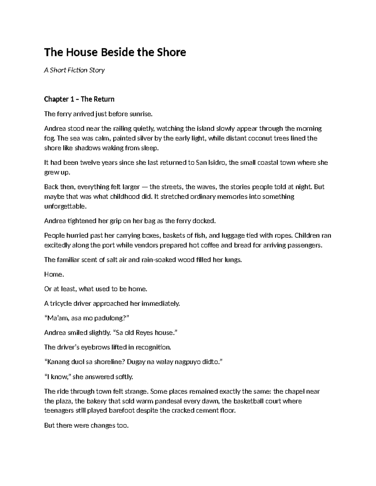 The House Beside the Shore: A Short Fiction Story (Chapter 1) - Studocu