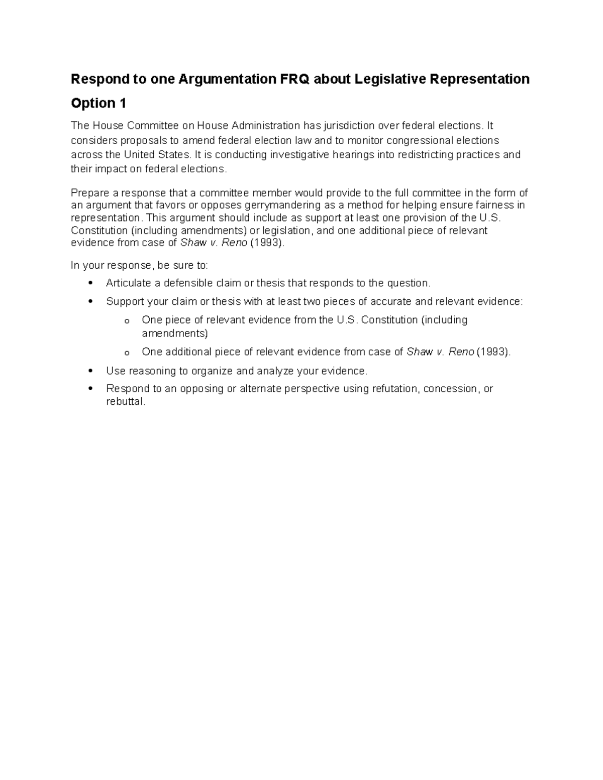 AP US Gov FRQ Argumentation on Legislative Representation - Studocu
