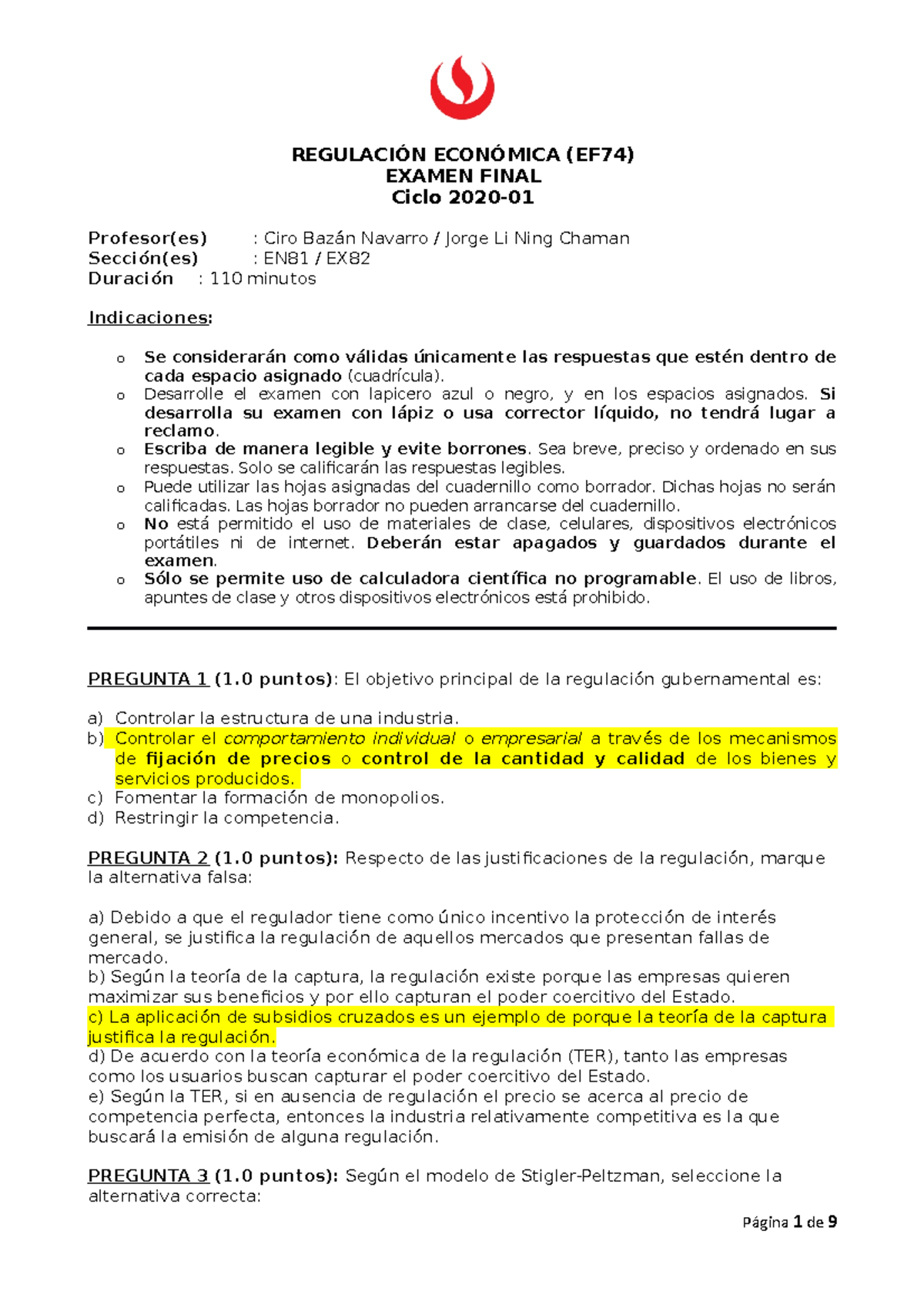 Examen Final - Regulación Económica (EF74) - Ciclo 2020 - Studocu
