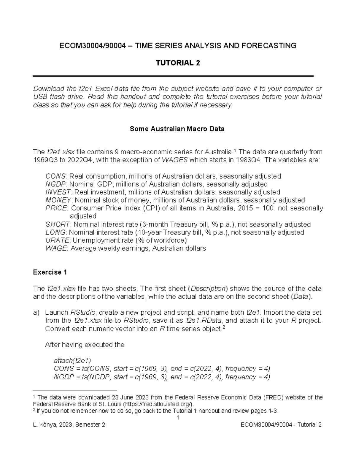 Tutorial 2 - Tute 2 - 1 ECOM30004/90004 – TIME SERIES ANALYSIS AND ...