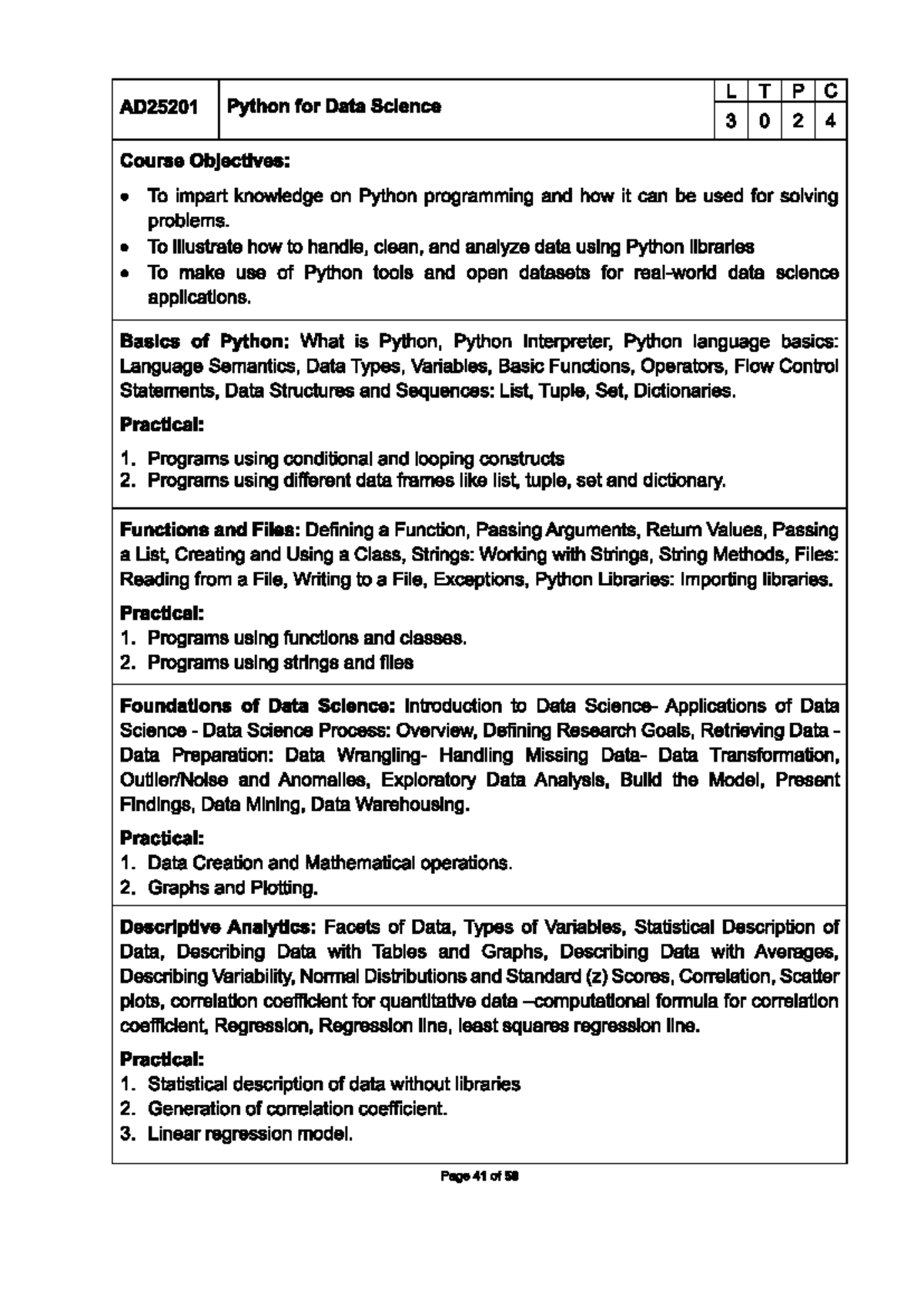 LTPC AD25201 Python for Data Science Course Overview and Objectives - Studocu