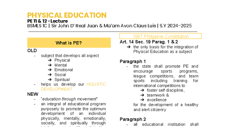 Physical Education Overview PE 11 12 BSMLS 1C: Holistic Development and ...