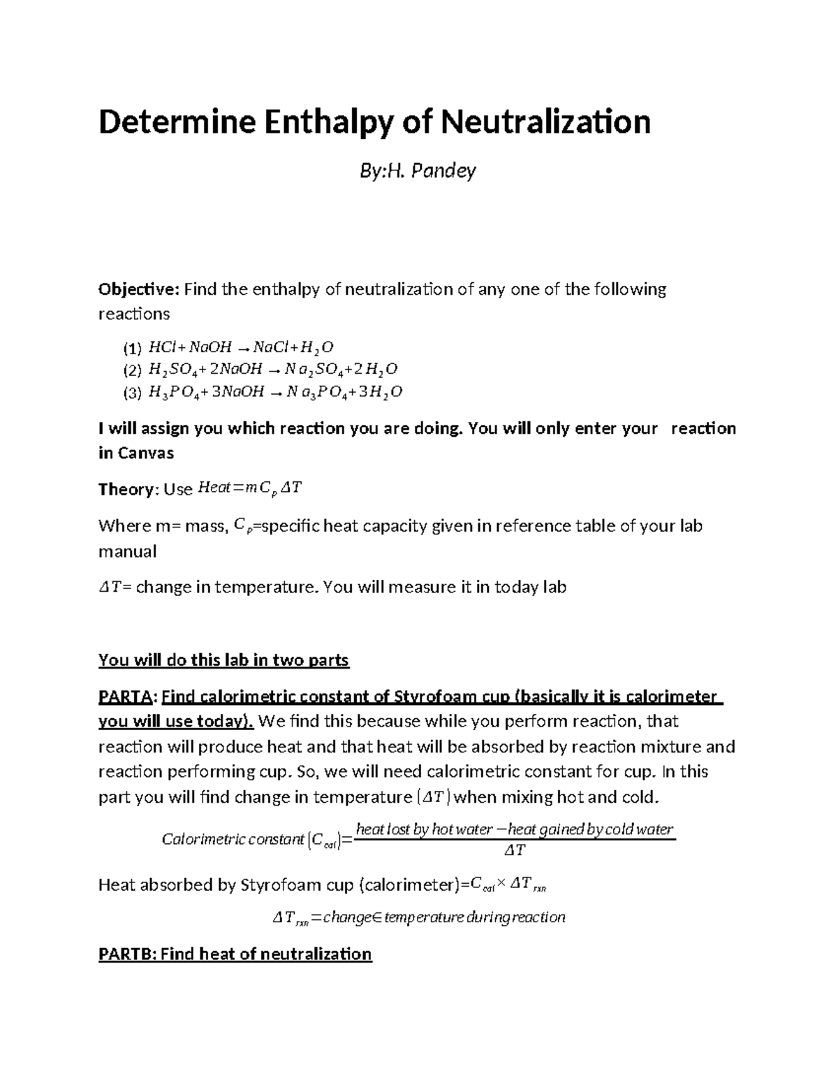 Enthalpy of Neutralization Lab: H. Pandey - Chem 101 Final Exam - Studocu