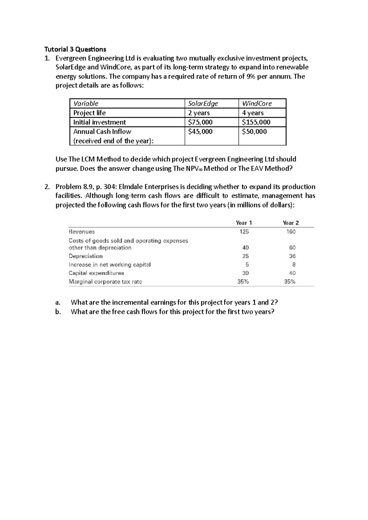 Tutorial 3 Questions on Investment Projects Analysis - Studocu