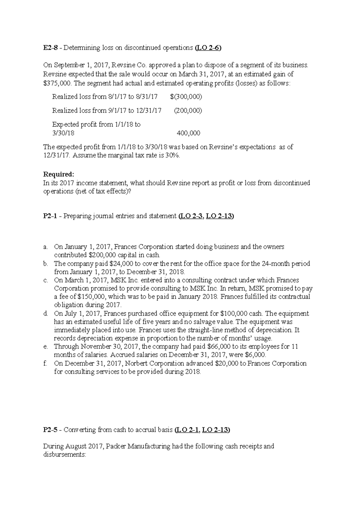 Chapter 2 Lecture Examples - E2-8 - Determining loss on discontinued ...
