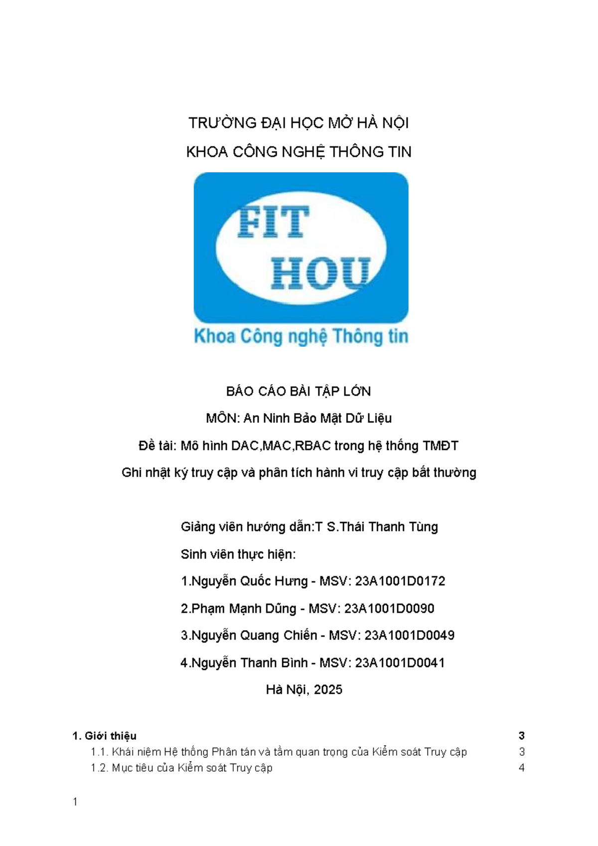 BTL An Ninh Bảo Mật Dữ Liệu: Mô Hình DAC, MAC, RBAC trong TMĐT - Studocu