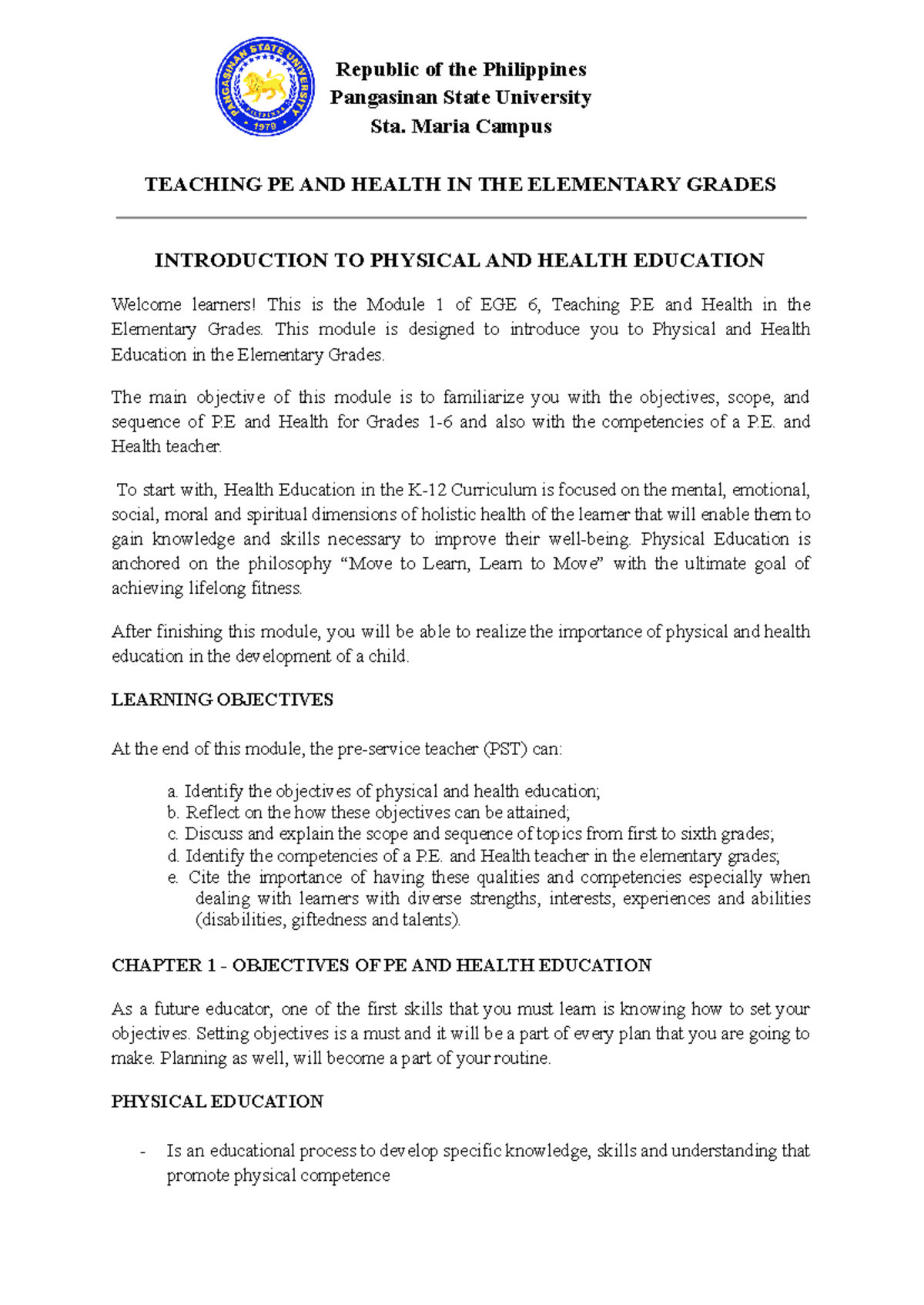 Teaching PE AND Health IN THE Elementary Grades Module - Pangasinan ...