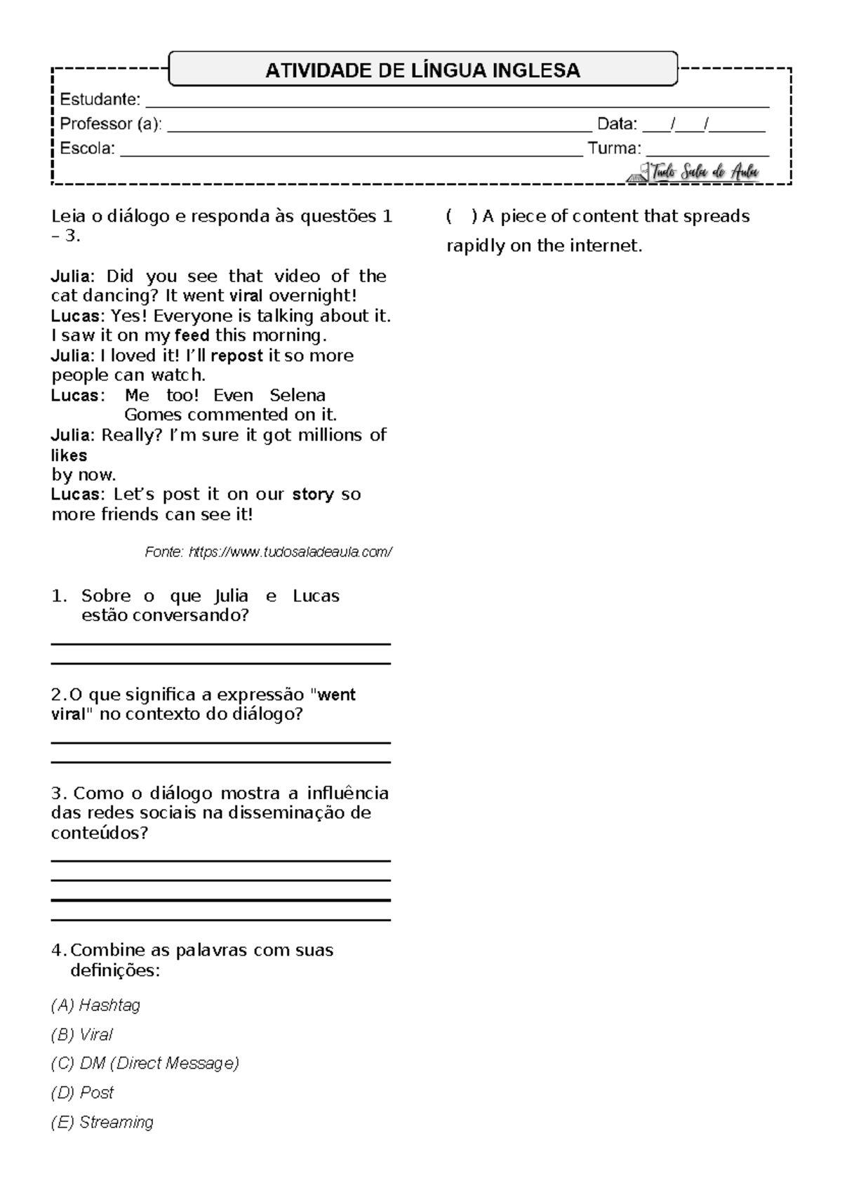 Atividades sobre Redes Sociais: Diálogo e Questões Análise - Studocu