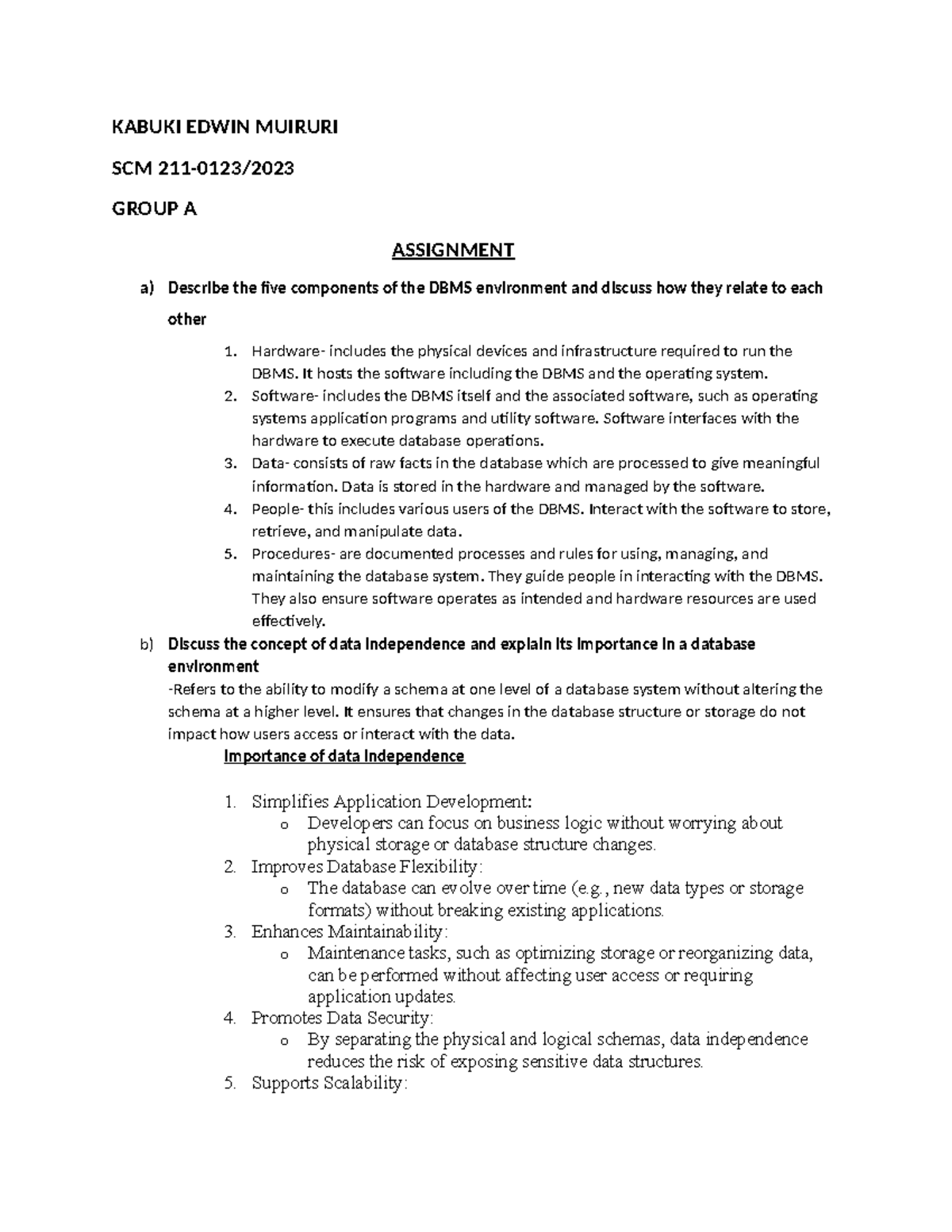 DB assignment - Questions on database management systems - KABUKI EDWIN MUIRURI SCM 211-0123 ...