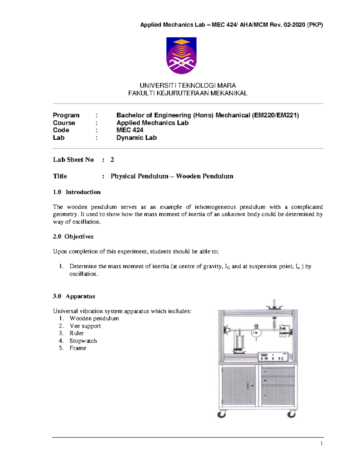 MEC 424 Physical Pendulum Lab Sheet 2 - Dynamics Experiment - Studocu