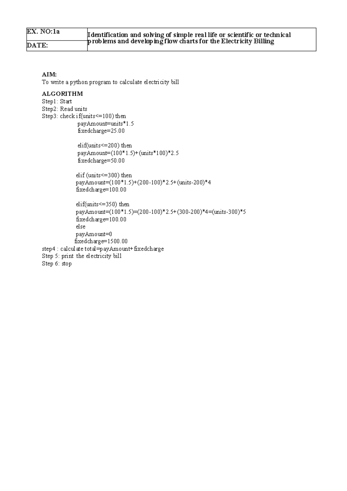 Python LAB Manual - EX. NO:1a Identification and solving of simple real life or scientific or ...