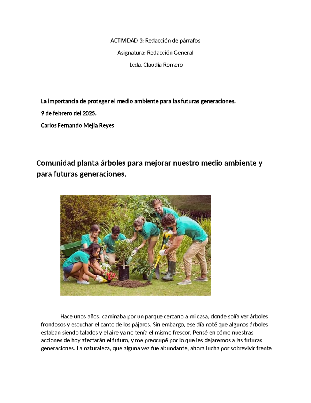 Actividad 3 - Redacción sobre Protección del Medio Ambiente - Studocu