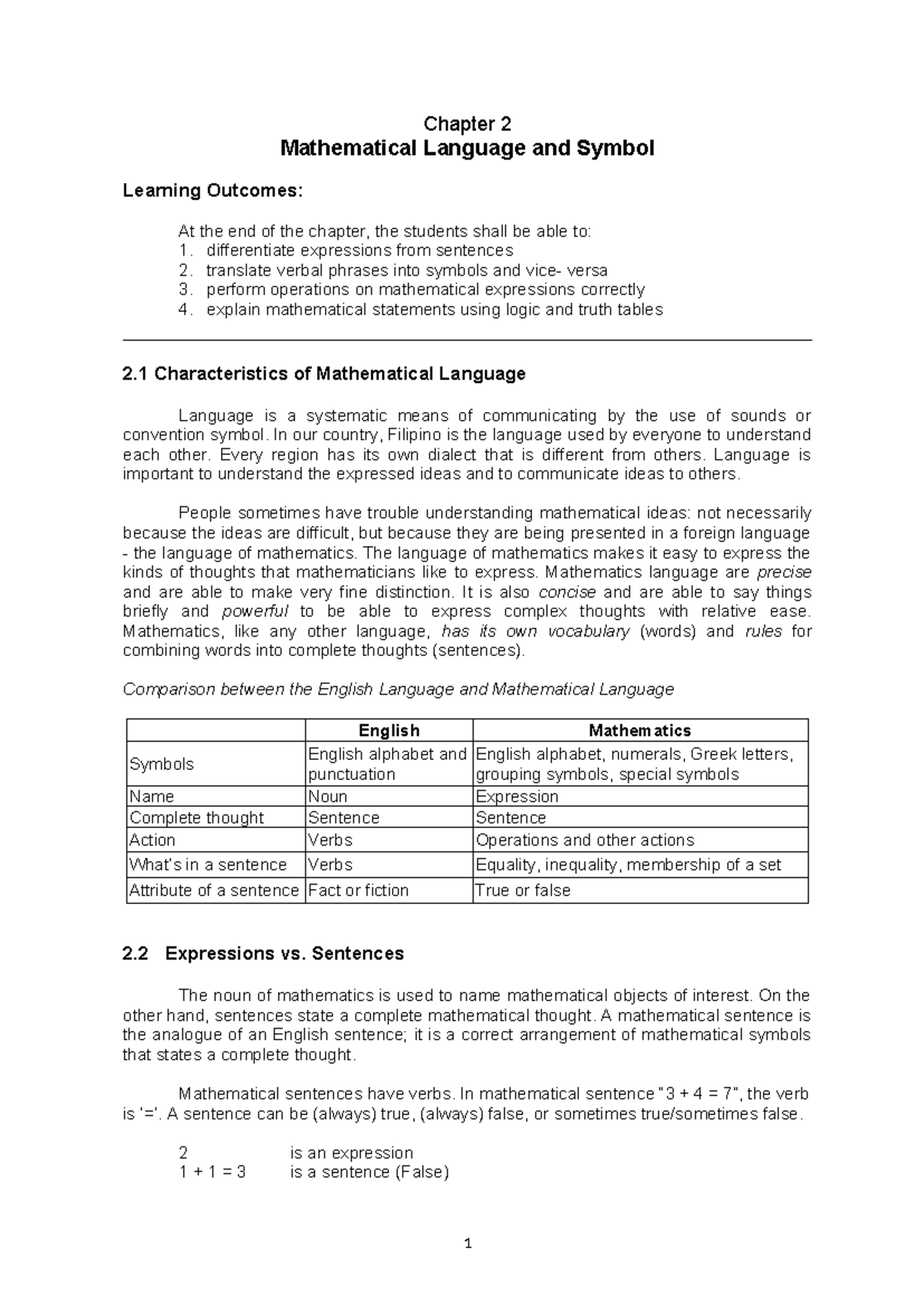 Learning Material 1: MMW Chapter 2 - Mathematical Language and Symbols - Studocu