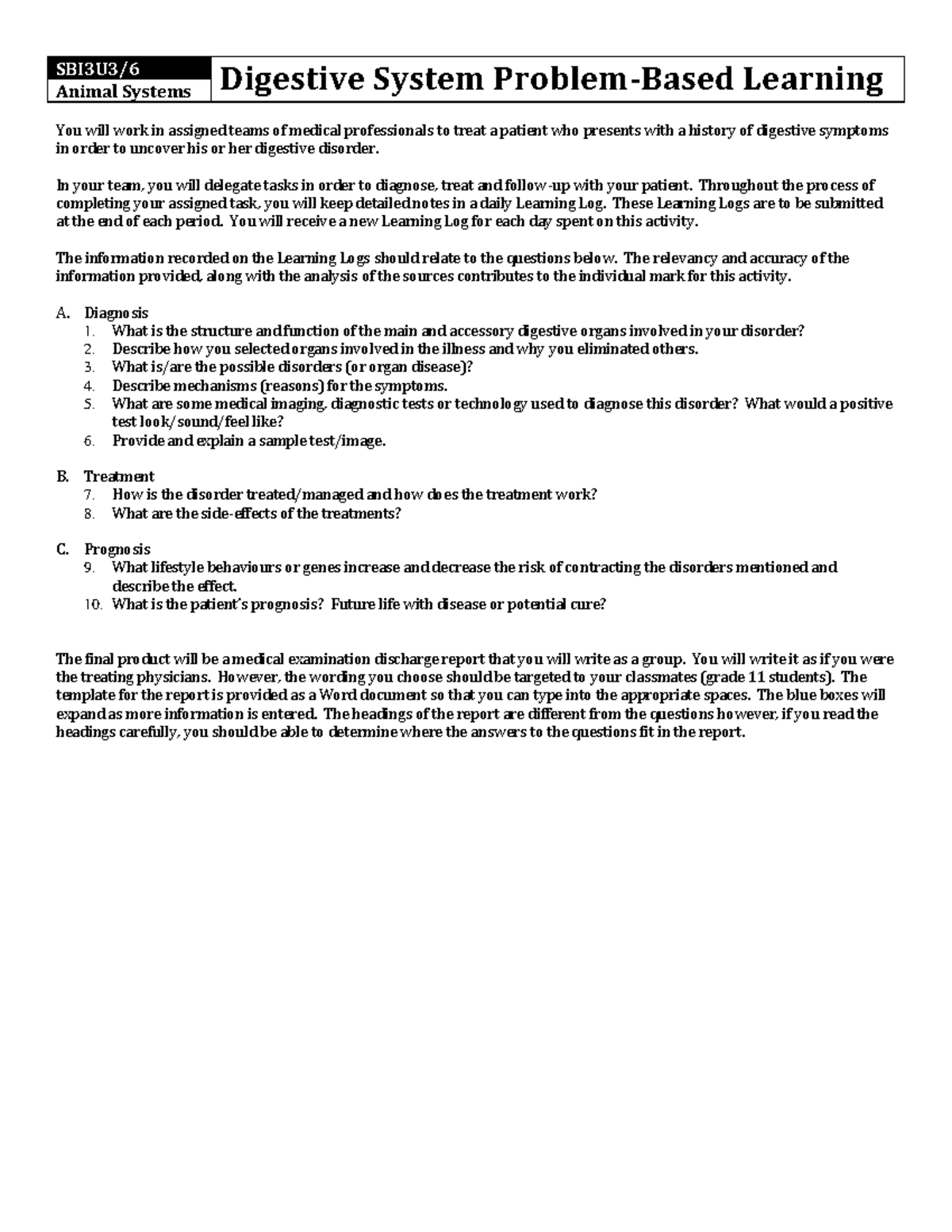 Digestion PBL - Outline - SBI3U3/ Digestive System Problem-Based ...