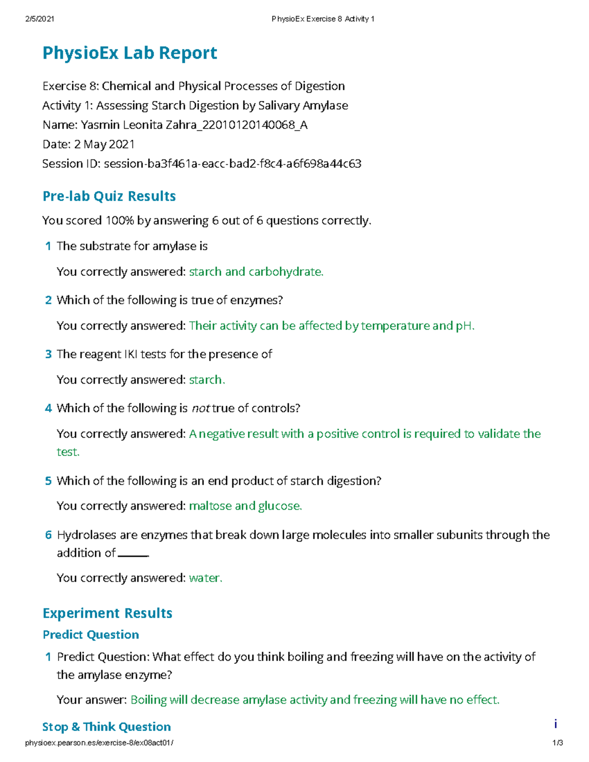 PhysioEx 8 - Activity 1: Starch Digestion by Salivary Amylase Analysis ...