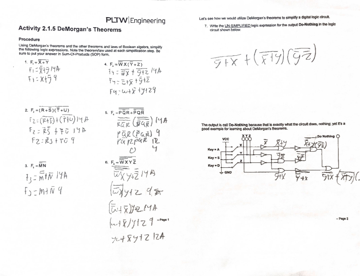PLTW 1 Activity 2.1.5: Simplifying Logic Circuits Using Theorems - Studocu