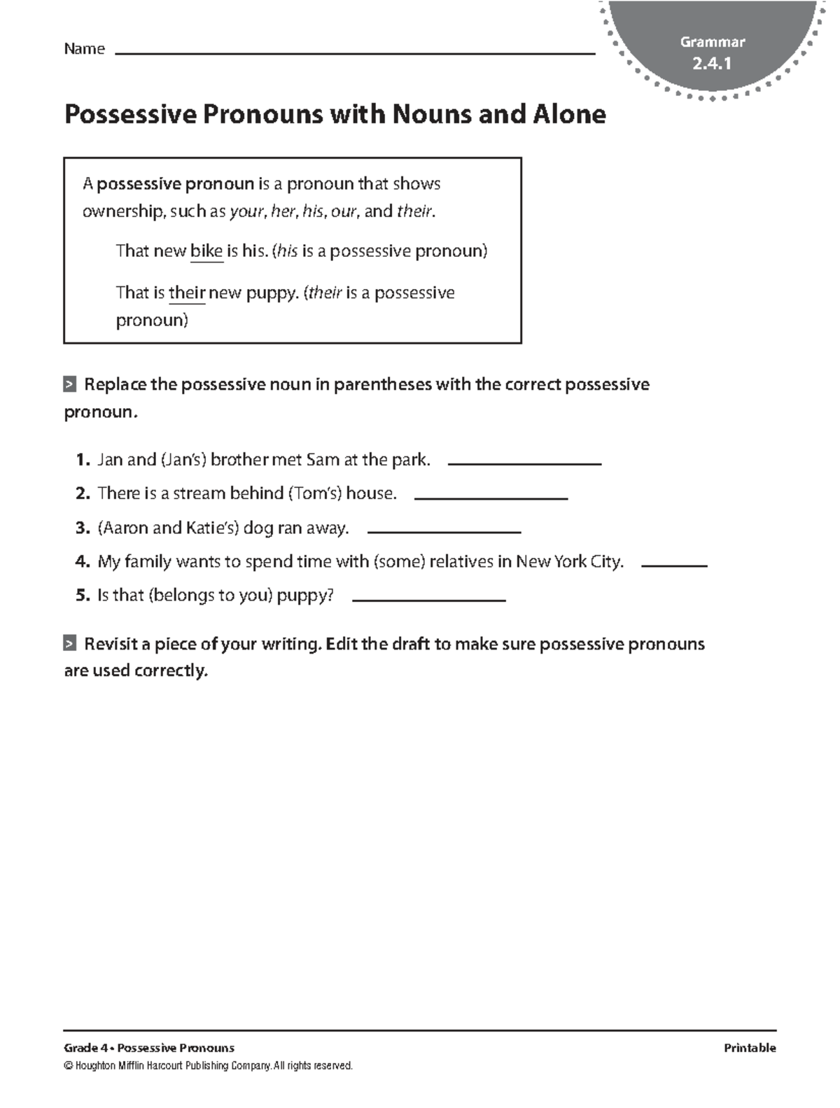 Grammar Name 2.4: Mastering Possessive Pronouns for Grade 4 - Studocu
