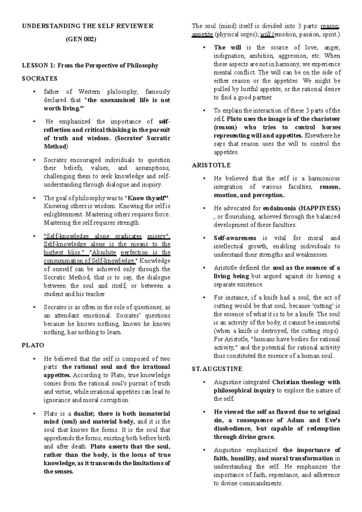 GEN 002 - Understanding the Self: Comprehensive Exam Reviewer - Studocu