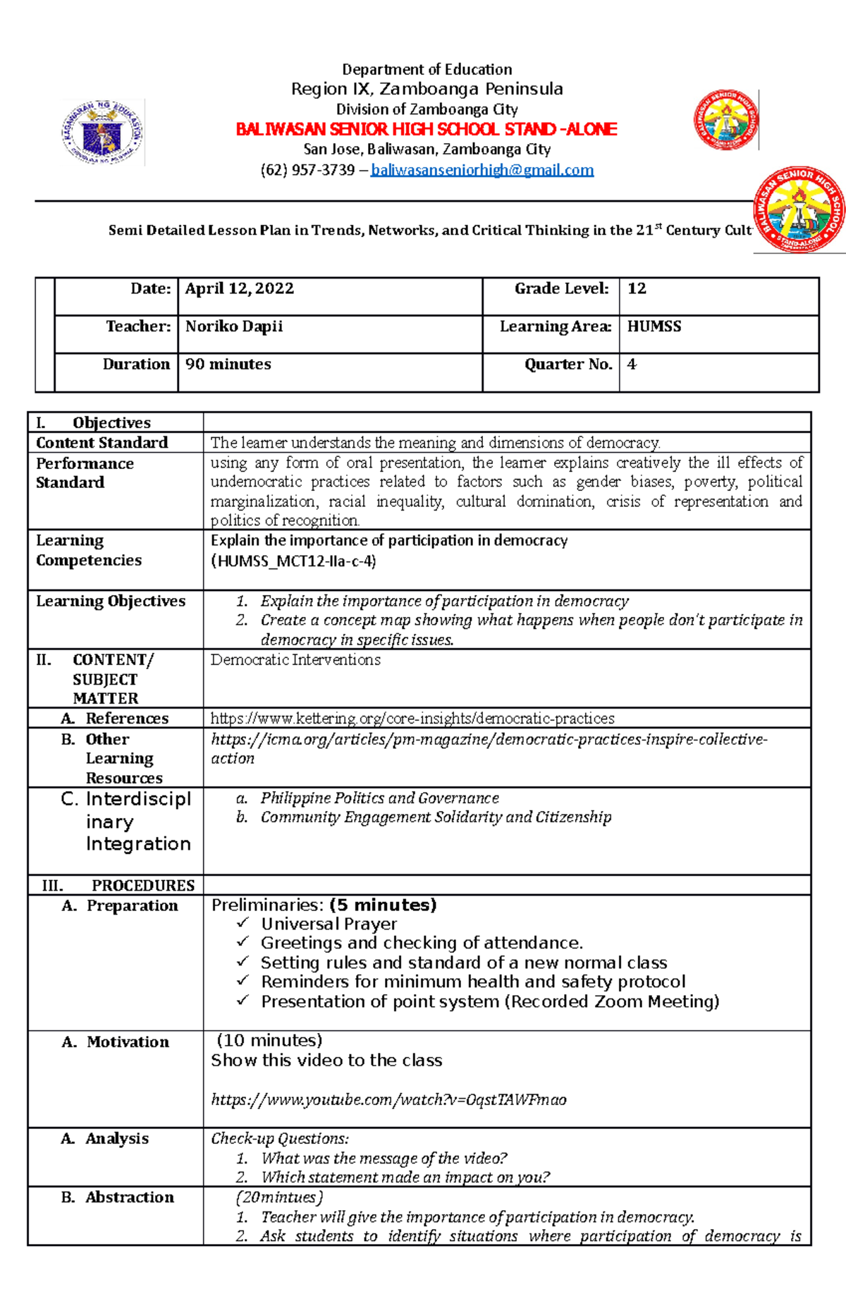 LP-Q4W1-TNCT - Semi Detailed Lesson Plan on Democracy and Participation ...