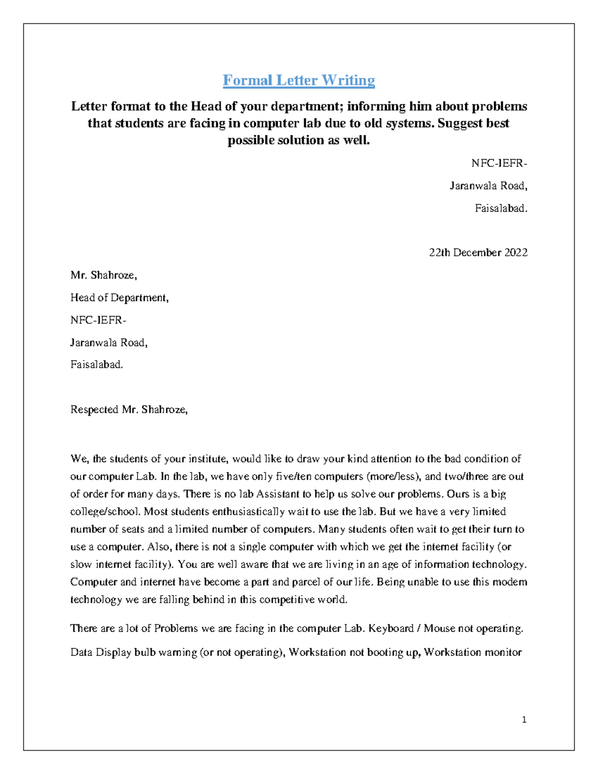 Formal Letter Writing for Lab Issues - NFC-IEFR - Studocu