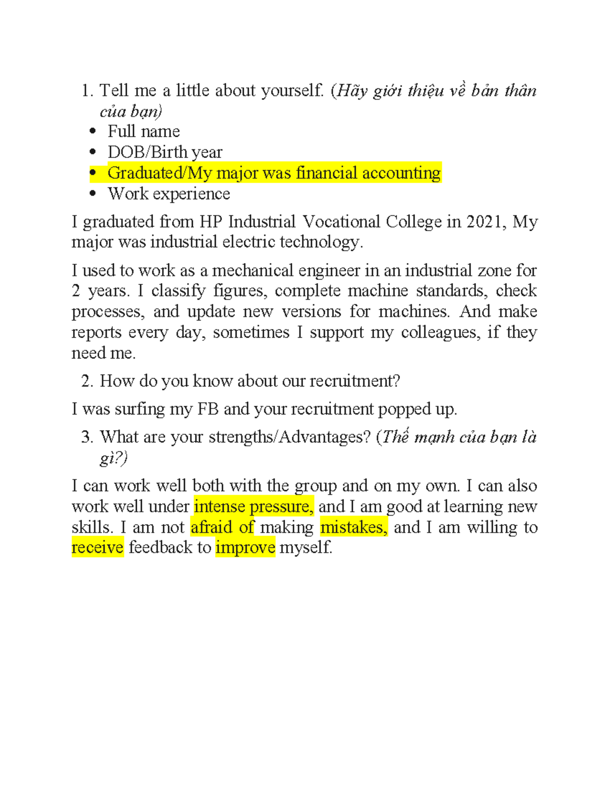 Personal Introduction for Job Application (Interview Prep) - Studocu