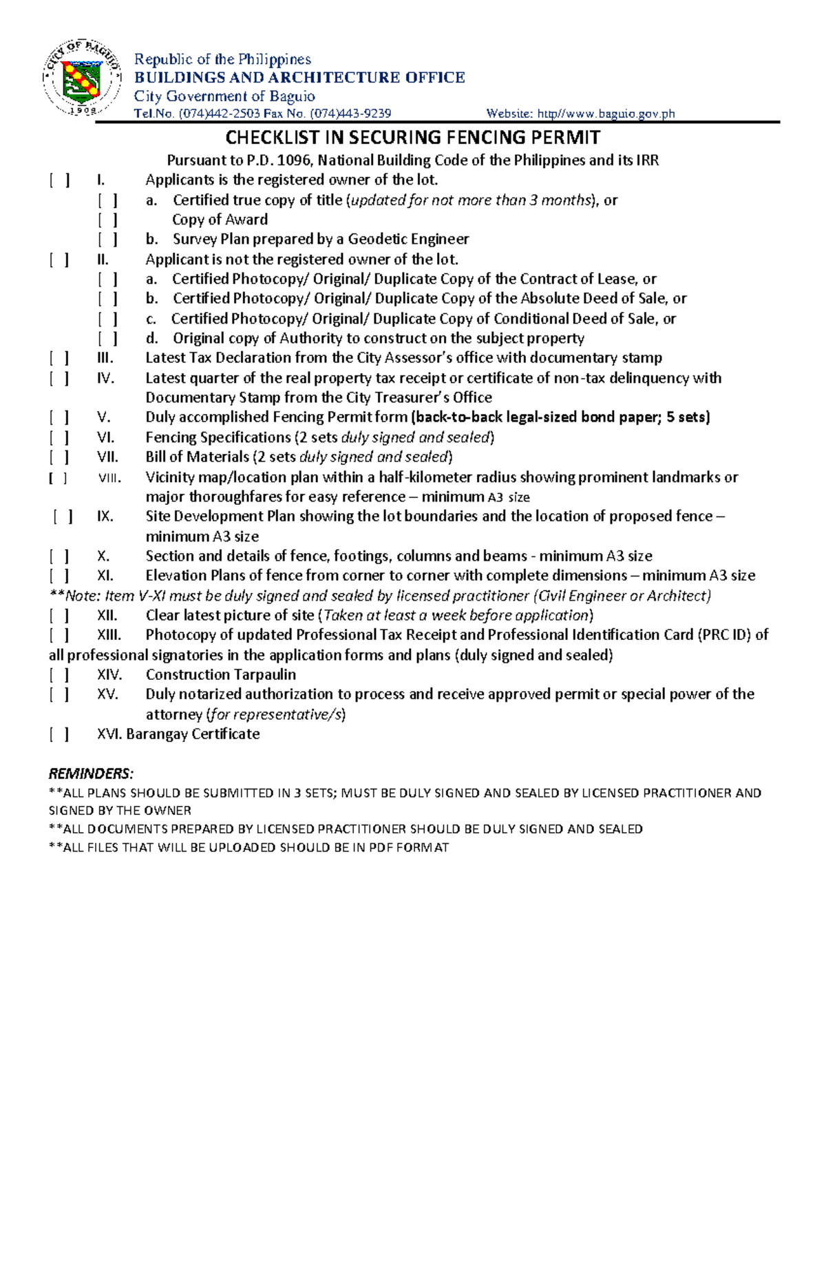 Checklist for Securing Fencing Permit in Baguio City - Studocu