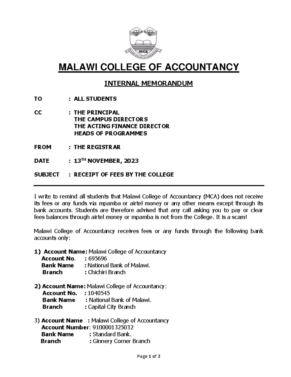 MCA Memo: Important Notice on Fee Payment Methods - Nov 2023 - Studocu