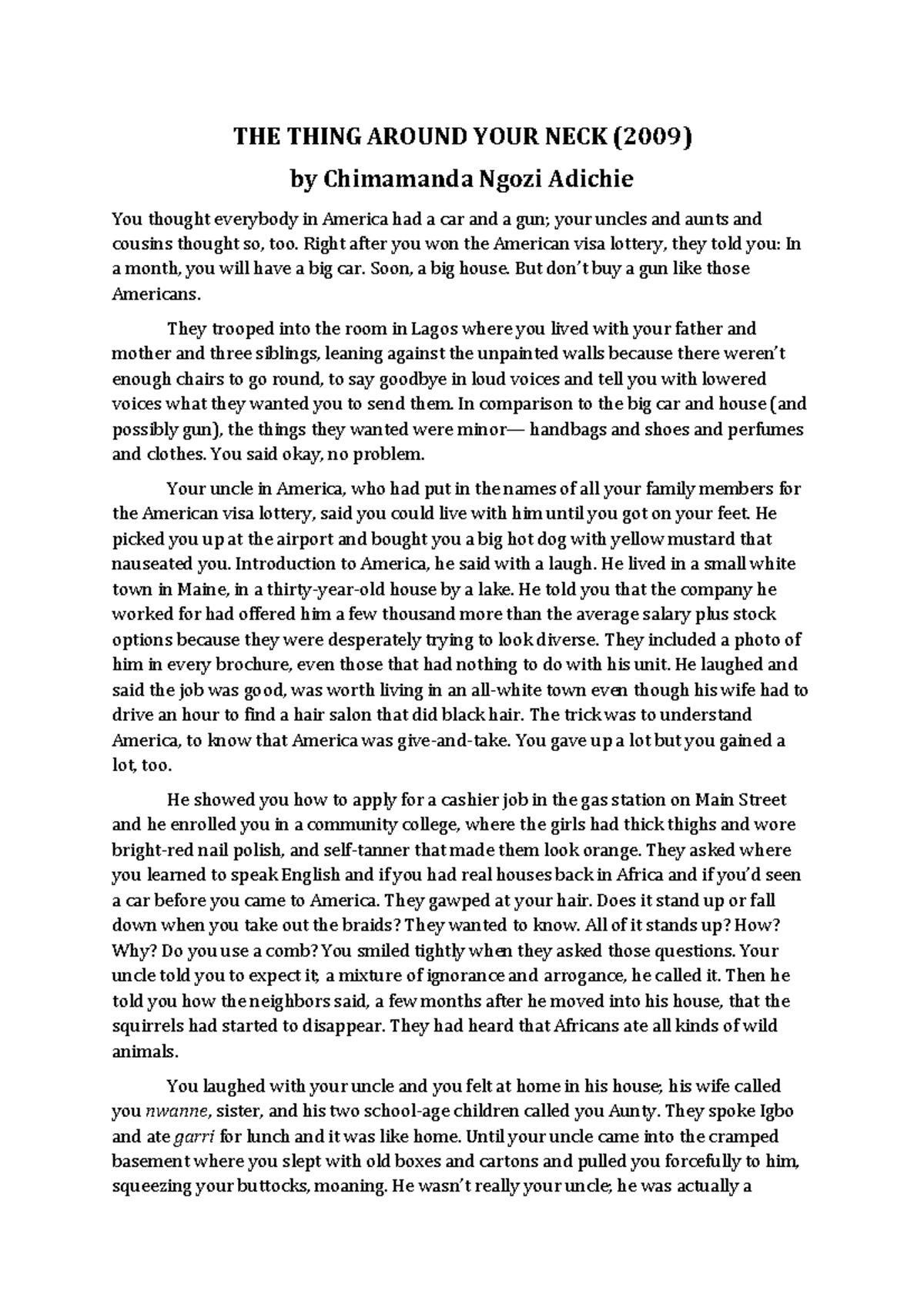 Analysis and Themes in 'The Thing Around Your Neck' - ENG 204 - Studeersnel