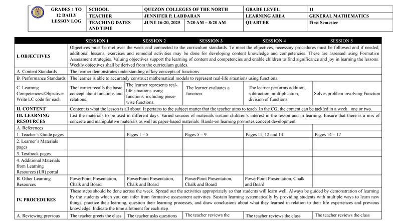 DLL-GM WEEK 1: Daily Lesson Log for General Mathematics - Studocu