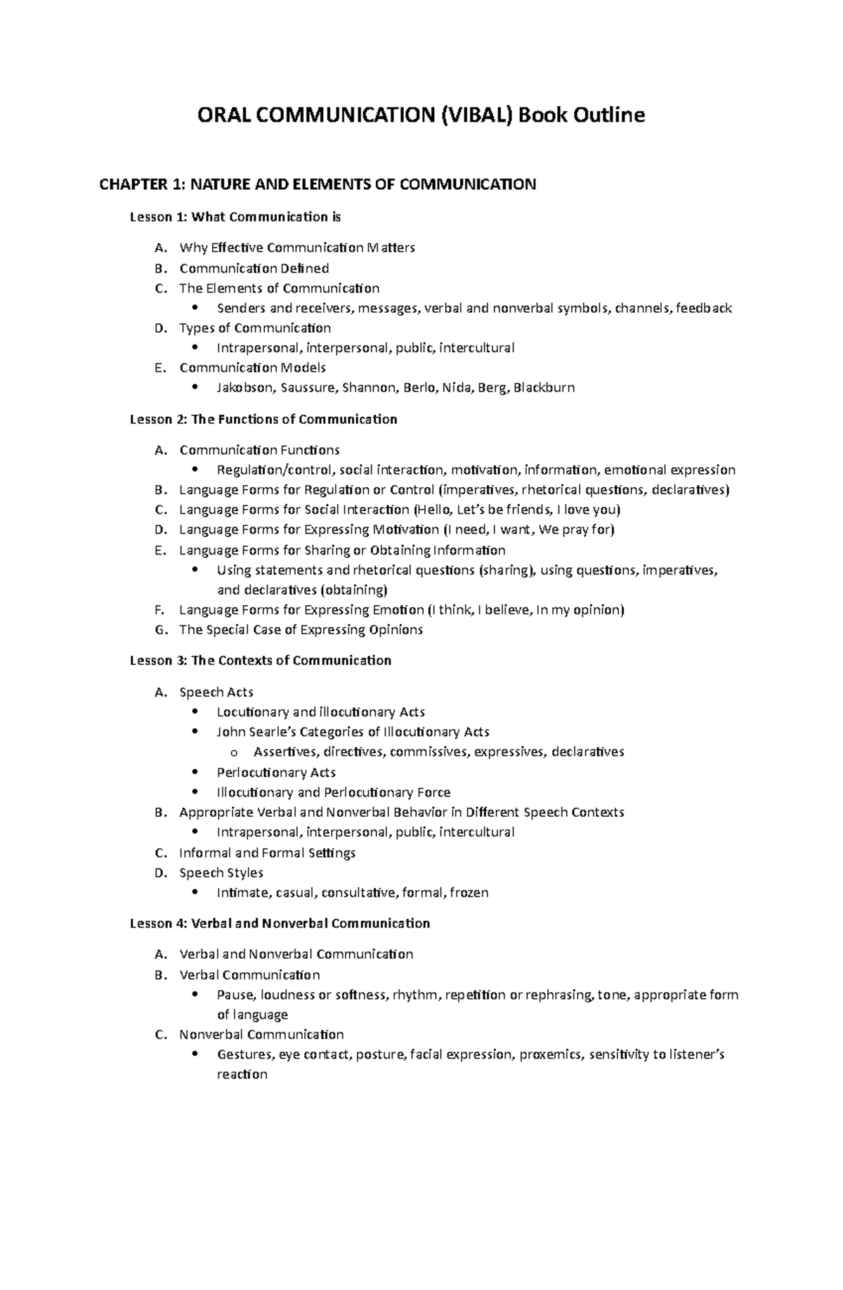 ORAL COMM Book Outline - ORAL COMMUNICATION (VIBAL) Book Outline CHAPTER 1: NATURE AND ELEMENTS ...
